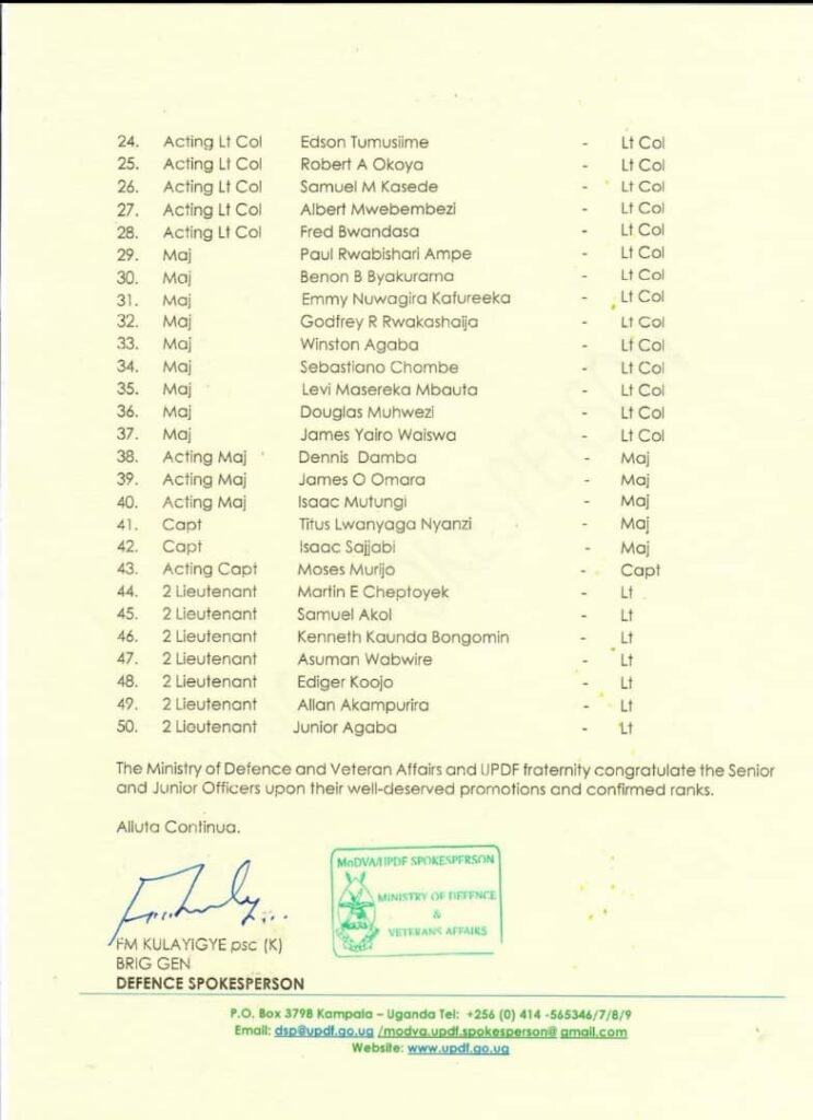 FULL LIST: Museveni promotes, confirms 50 UPDF officers to new ranks ...