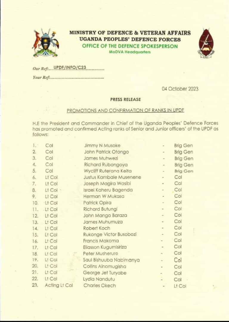 FULL LIST: Museveni promotes, confirms 50 UPDF officers to new ranks ...